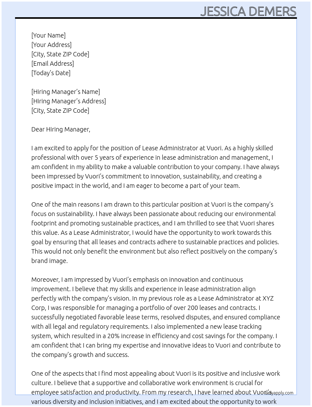 Cover letter for lease administrator - LazyApply