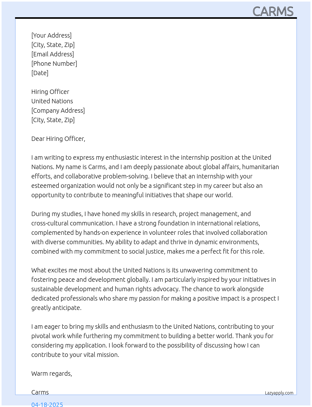 Cover letter for internship - LazyApply