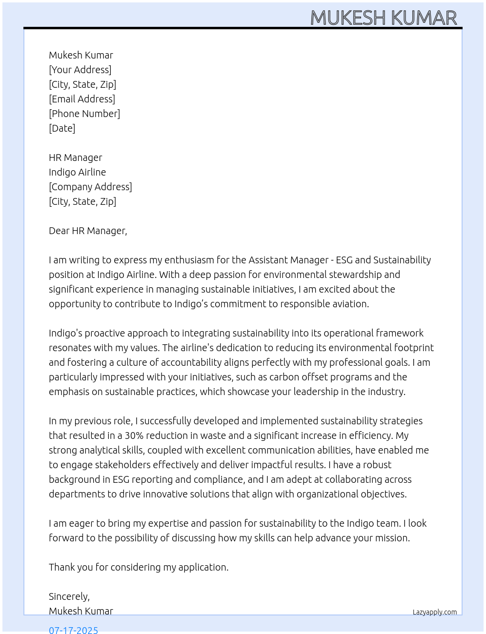 Cover letter for assistant manager - esg and sustainability - LazyApply