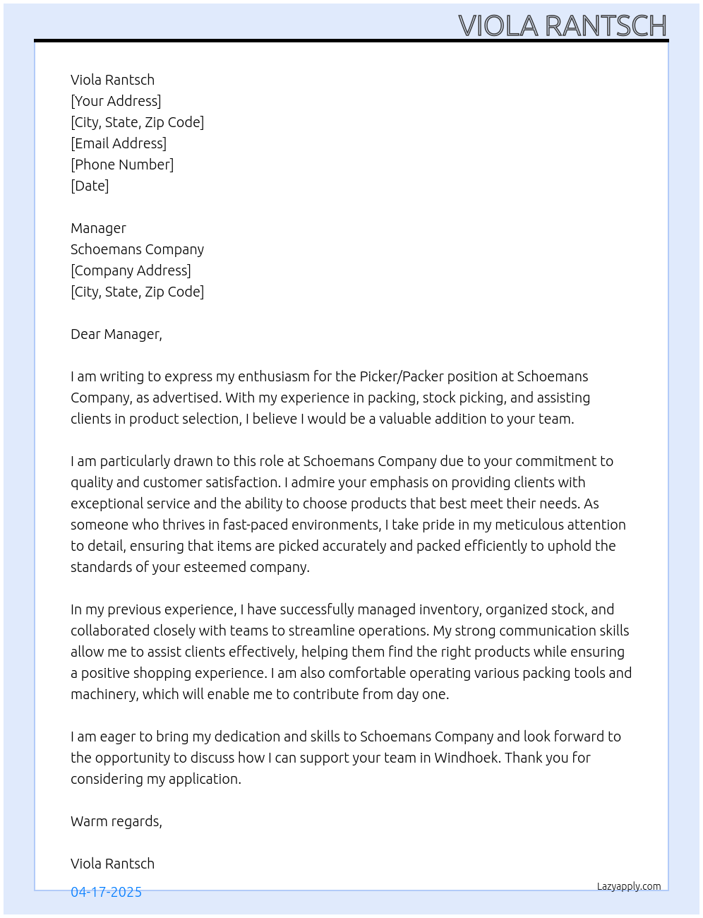 Cover letter for picker/packer - LazyApply