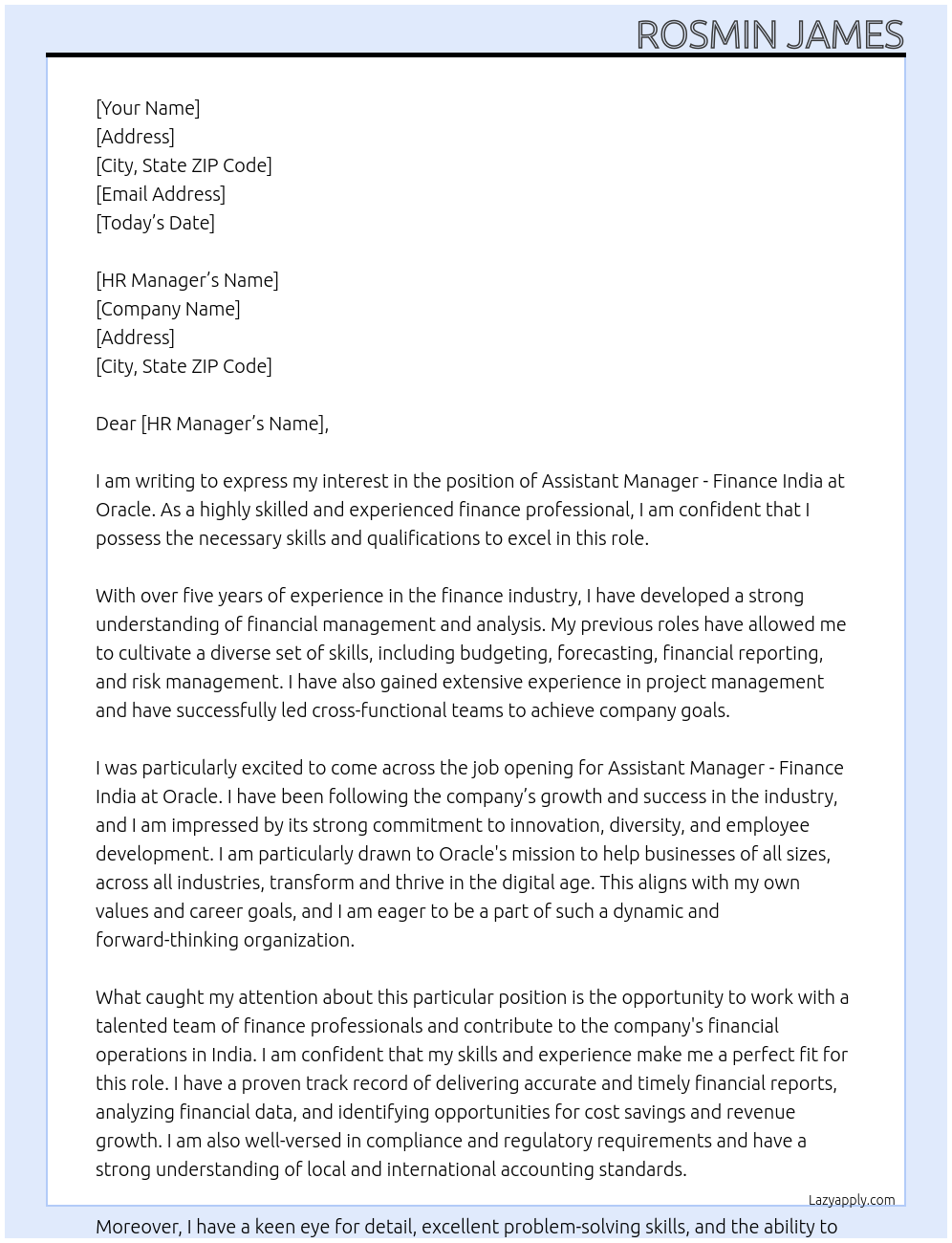 Cover letter for assistant manager - finance india - LazyApply