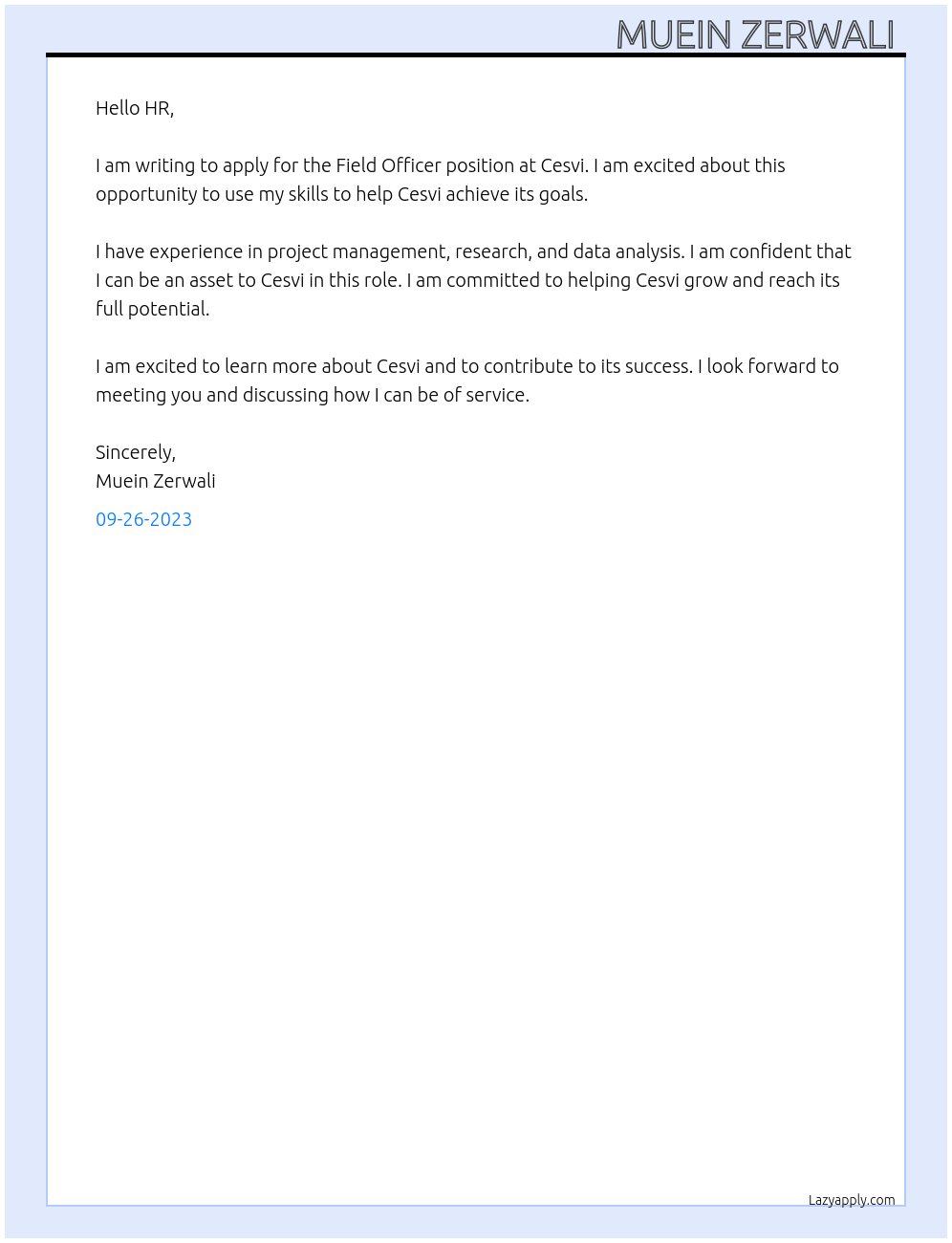 Cover letter for field officer - LazyApply