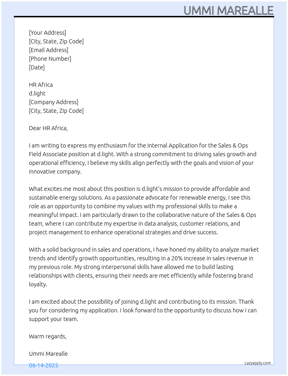 Cover letter for internal application –sales &ops field associate ...