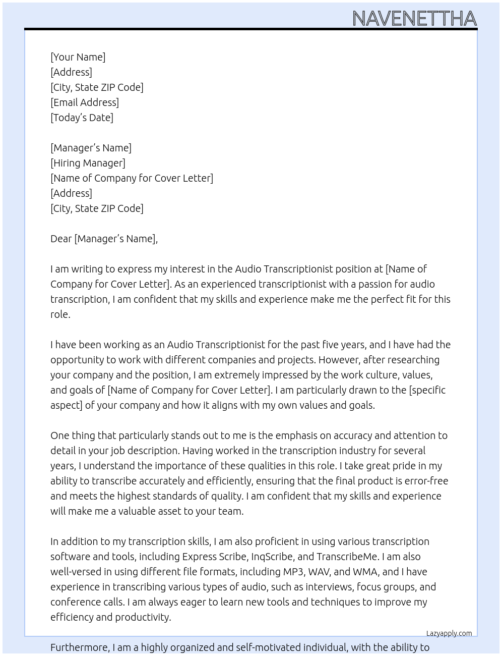 Cover letter for audio transcriptionist - LazyApply