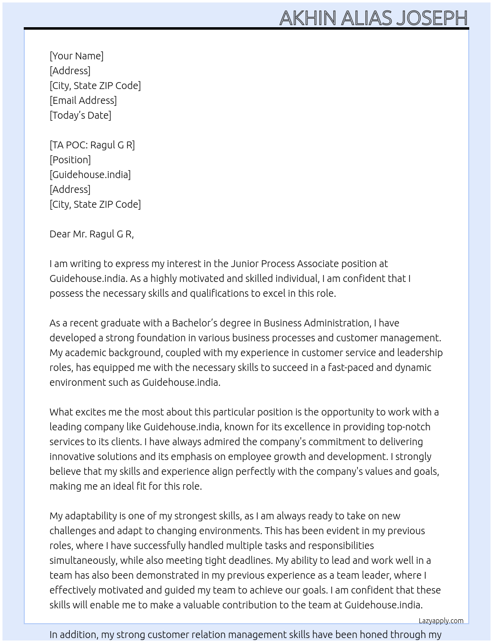 Cover letter for junior process associate - LazyApply
