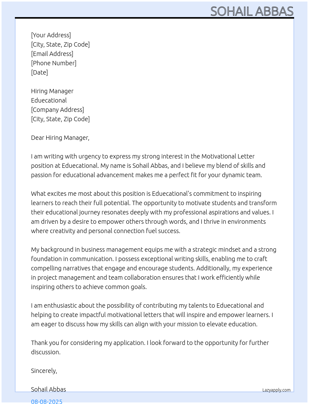 Cover letter for motivational latter - LazyApply