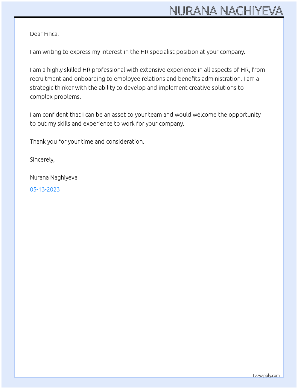 Cover letter for hr specialist - LazyApply
