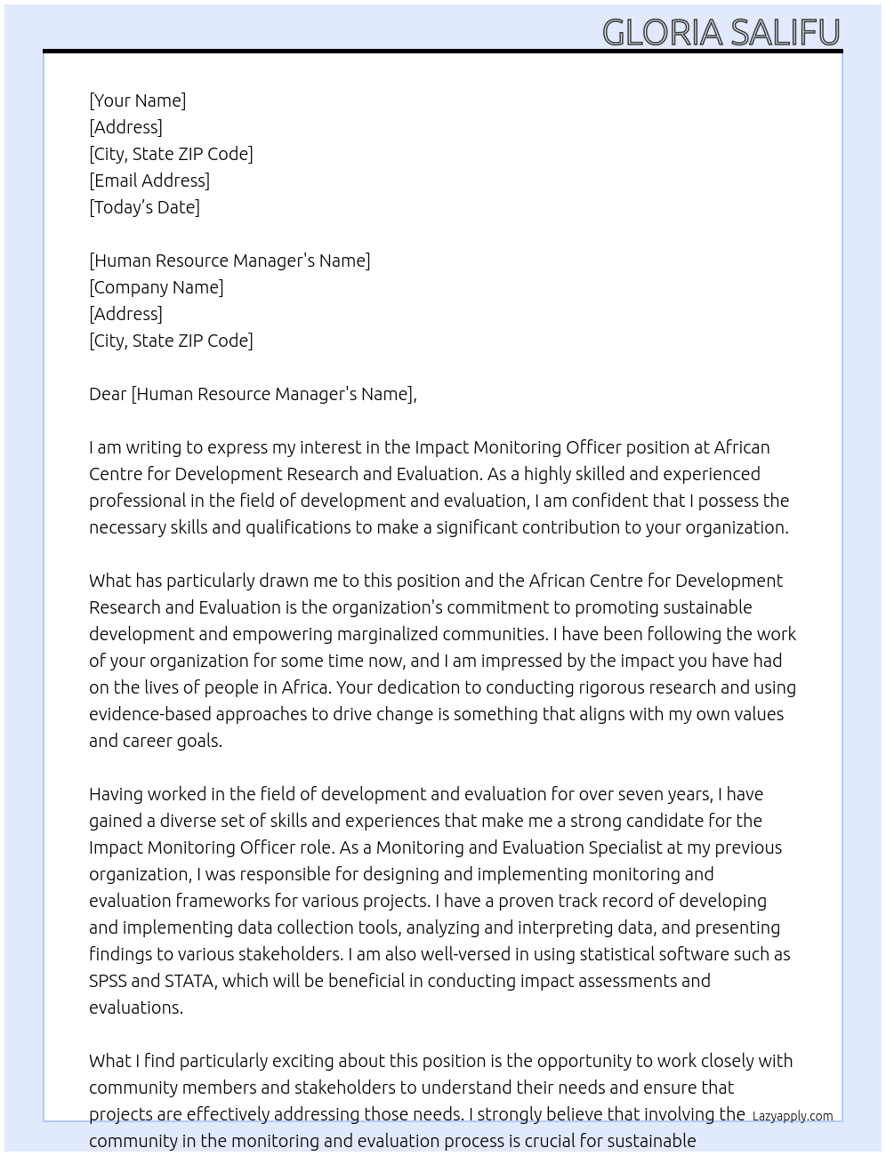 Cover letter for impact monitoring officer - LazyApply