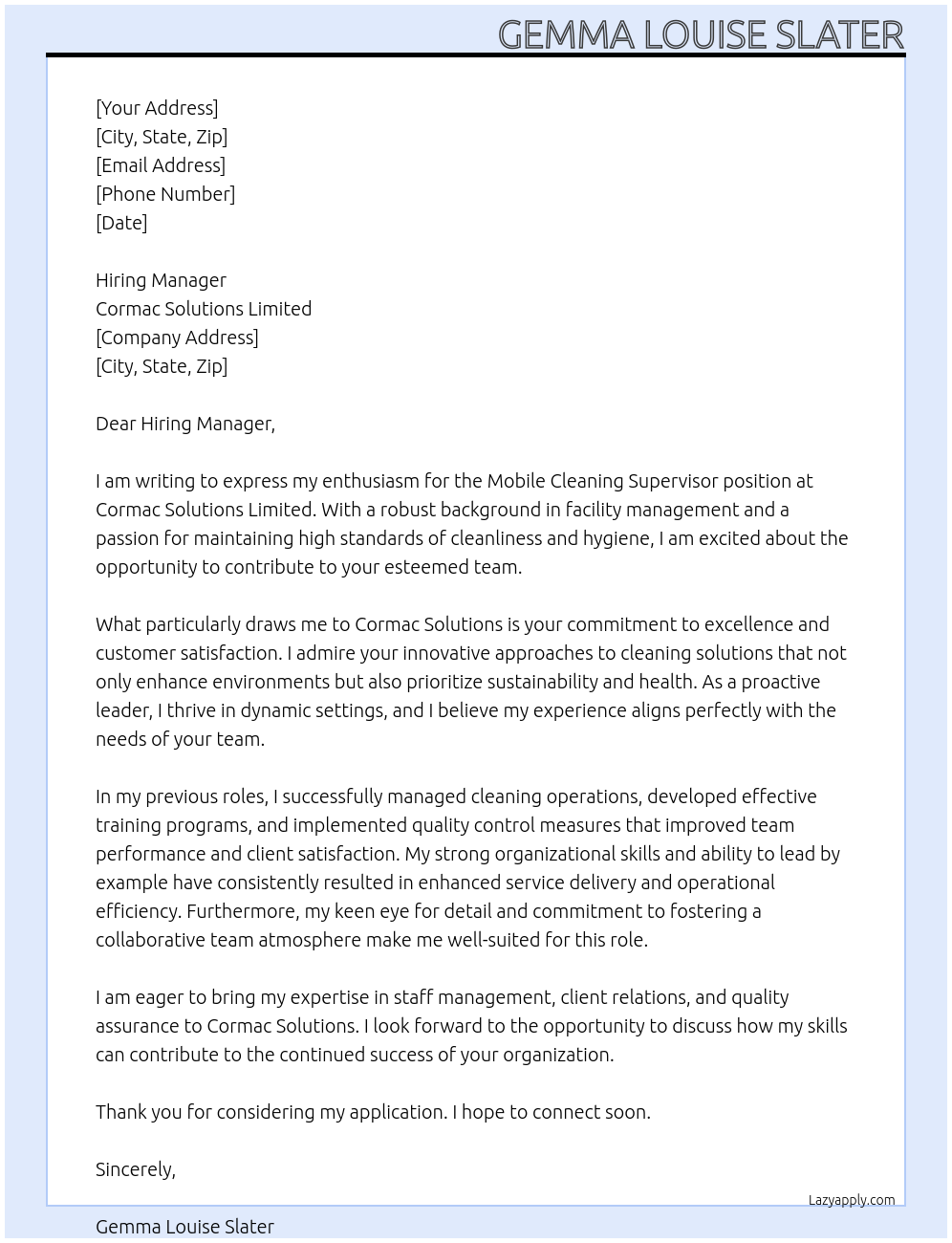 Cover letter for mobile cleaning supervisor - LazyApply