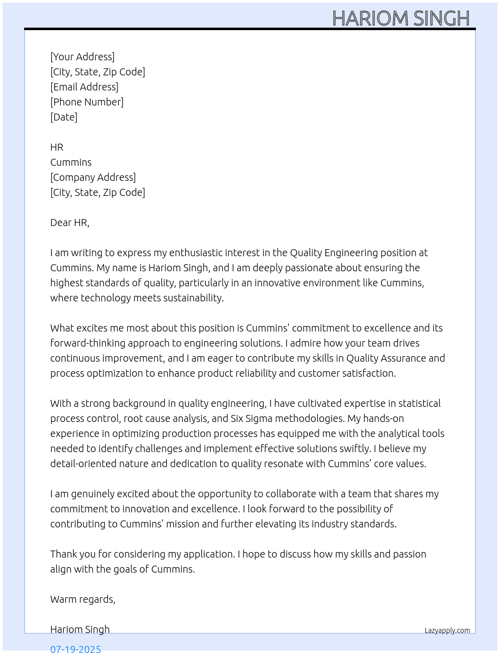 Cover letter for quality engineering - LazyApply