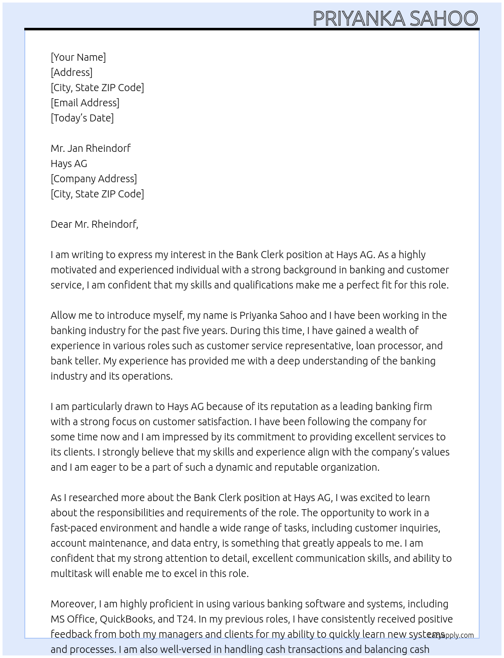 Cover letter for bank clerk - LazyApply