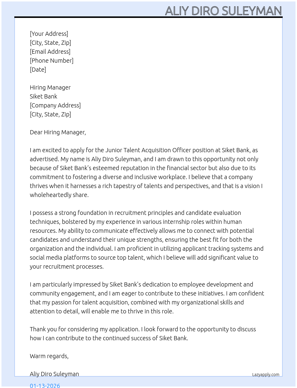 Cover letter for junior talent acquisition officer - LazyApply