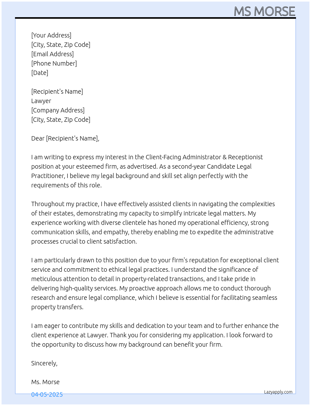 Cover letter for client-facing administrator & receptionist - LazyApply
