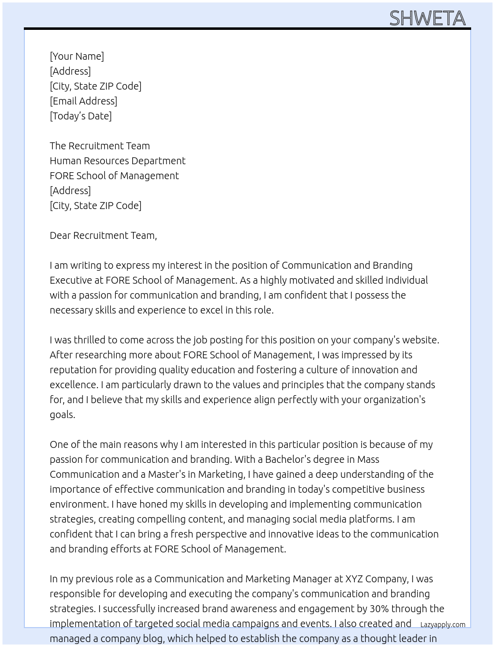 Cover letter for communication and branding executive - LazyApply