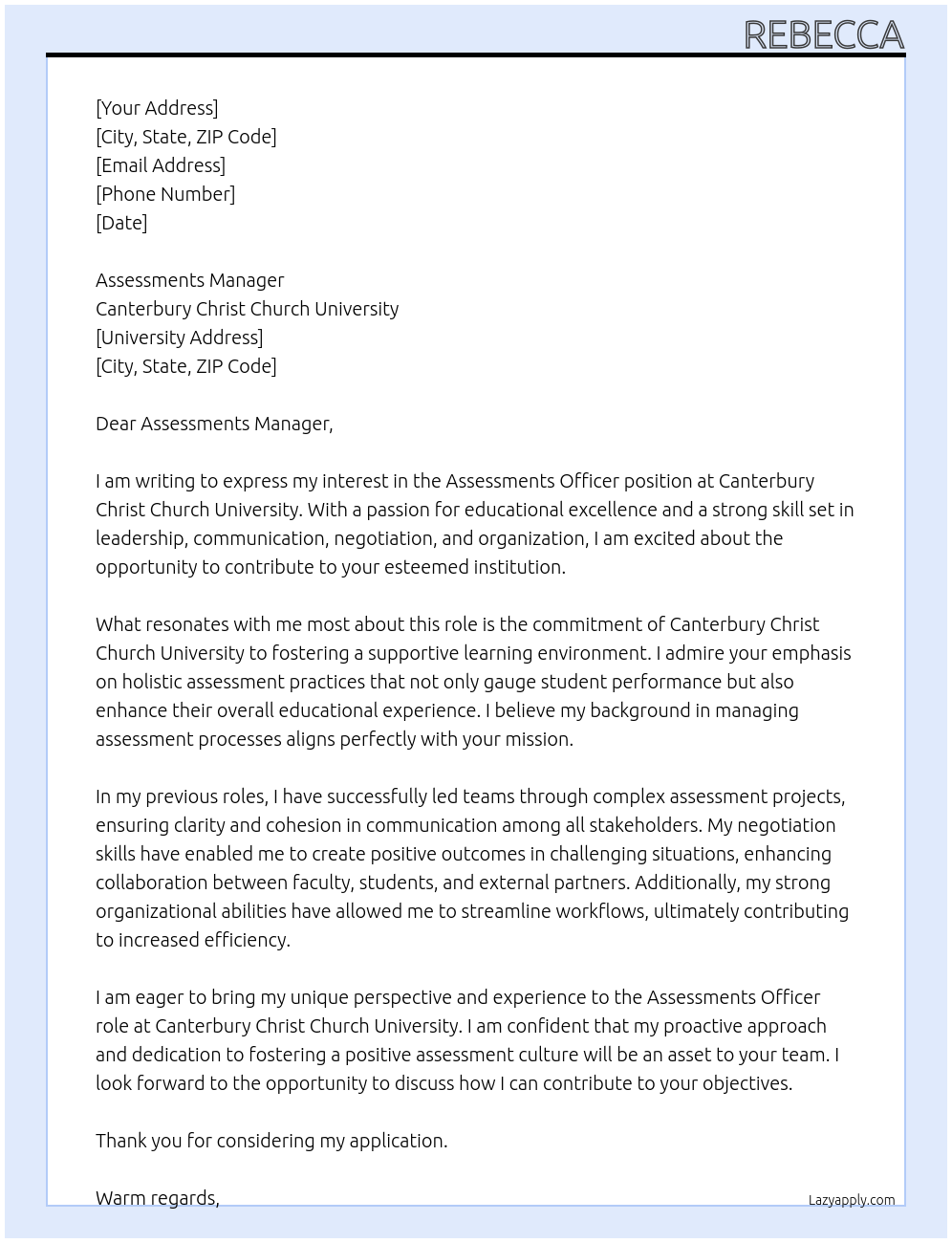 Cover letter for assessments officer - LazyApply