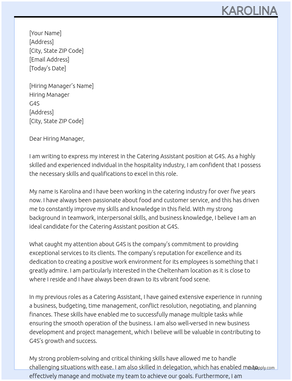 Cover letter for catering assistant - LazyApply