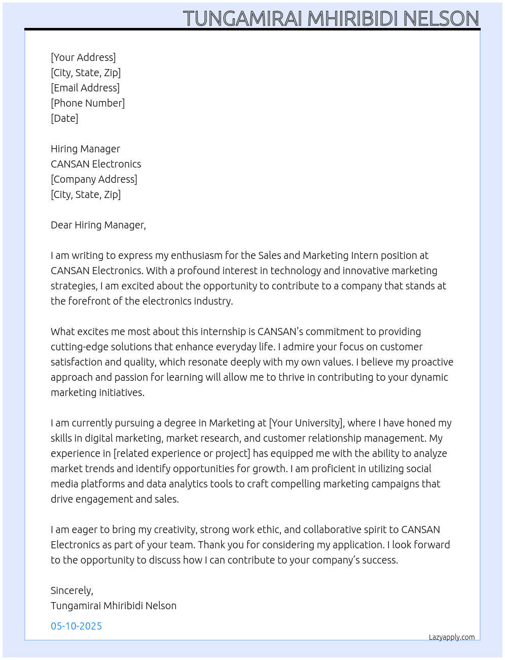 Cover letter for sales and marketing intern - LazyApply