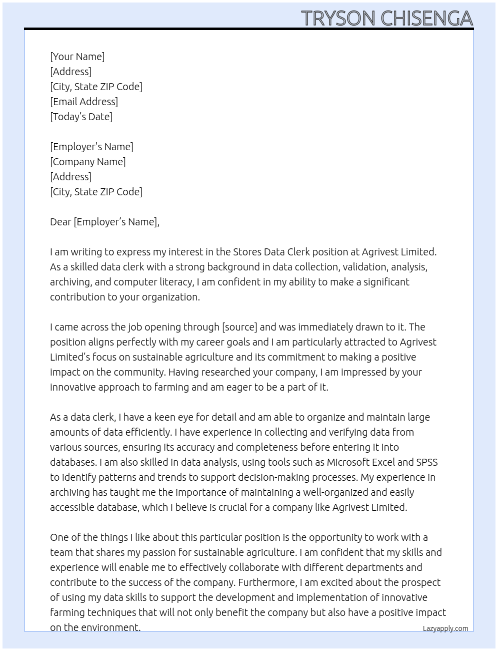 Cover letter for stores data clerk - LazyApply