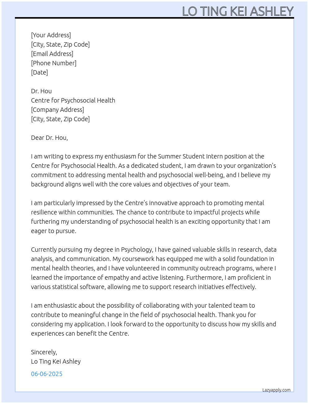 Cover letter for summer student intern - LazyApply