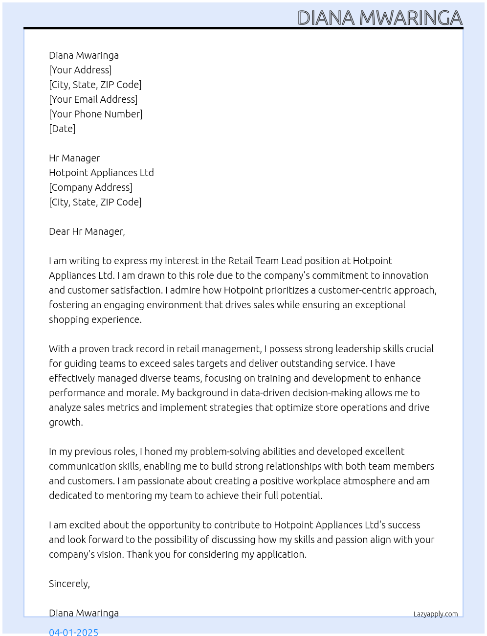 Cover letter for retail team lead - LazyApply