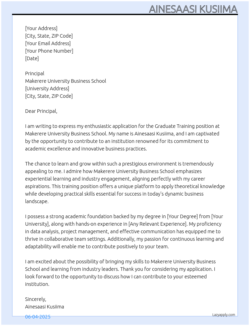Cover letter for graduate training - LazyApply