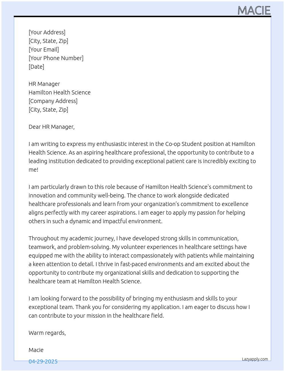 Cover letter for co-op student - LazyApply