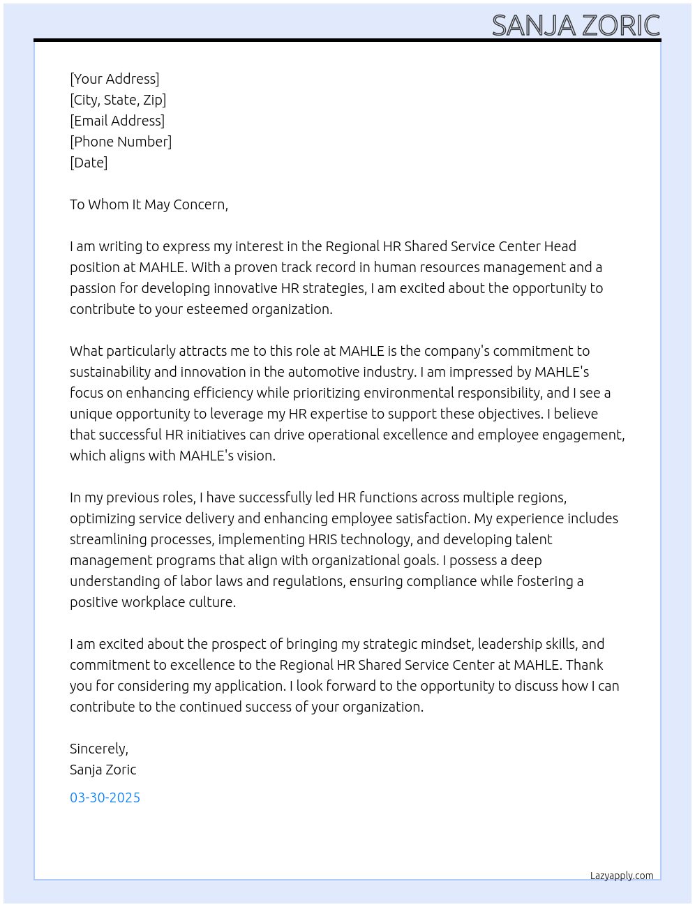 Cover letter for regional hr shared service center head - LazyApply