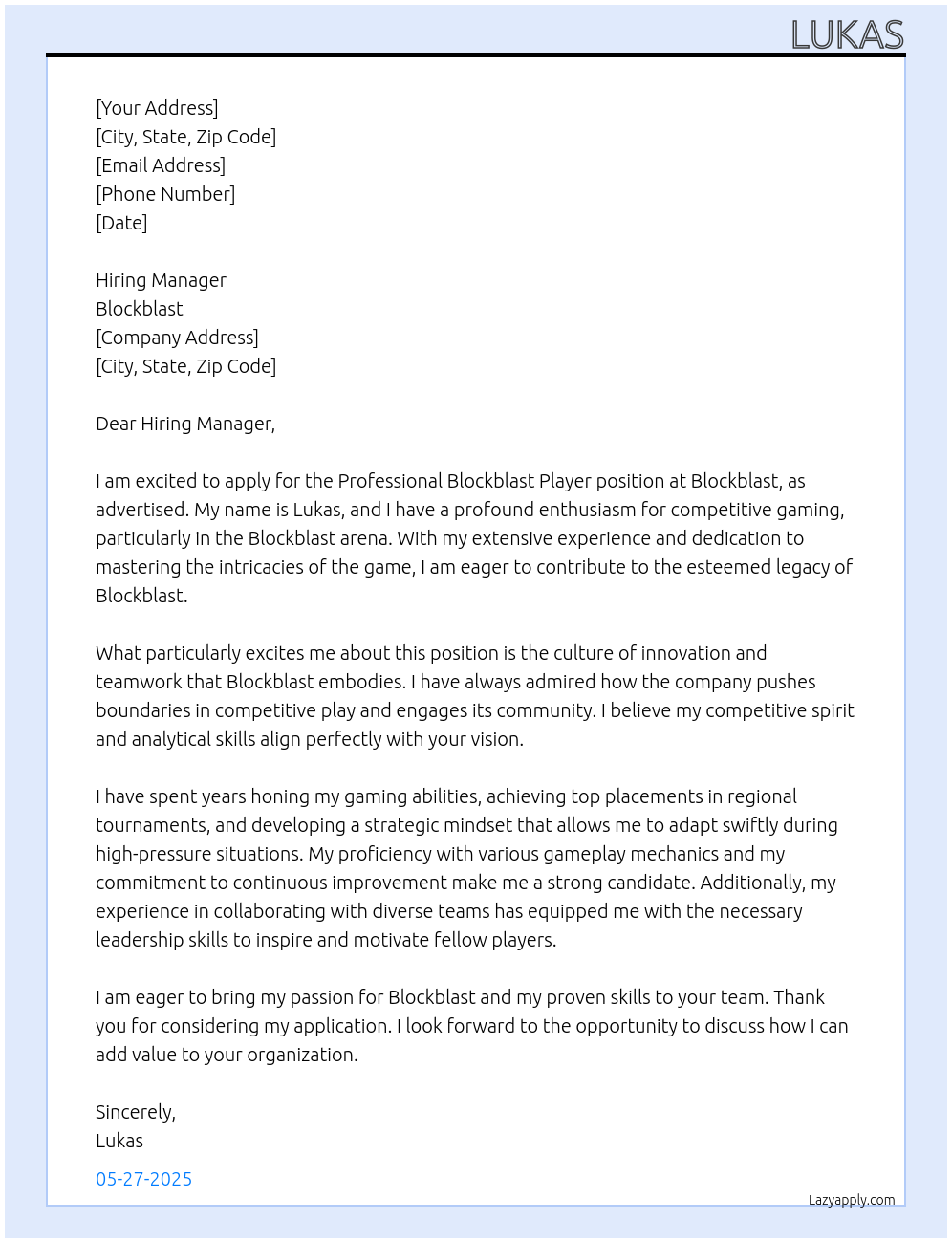 Cover letter for professional blockblast player - LazyApply