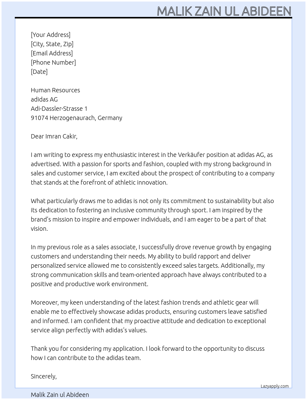 Cover letter for verkäufer - LazyApply