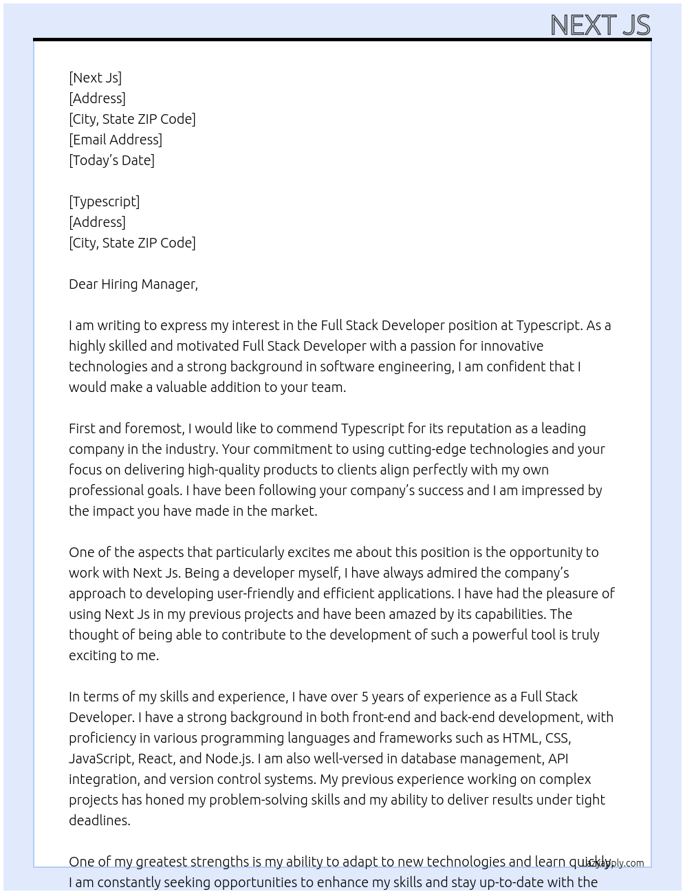 Cover letter for full stack developer - LazyApply