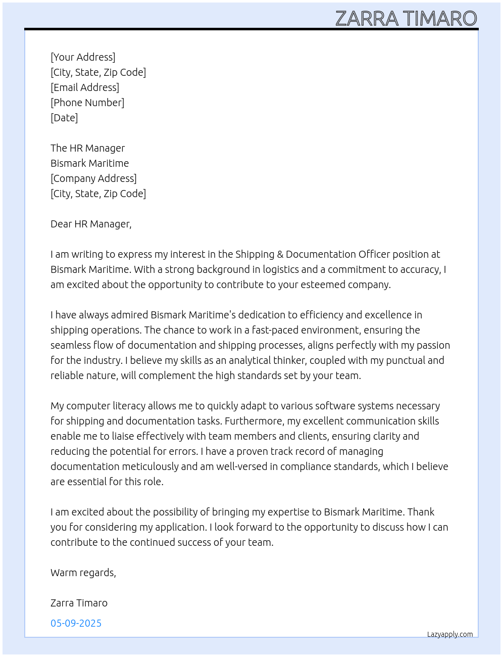 Cover letter for shipping & documentation officer - LazyApply