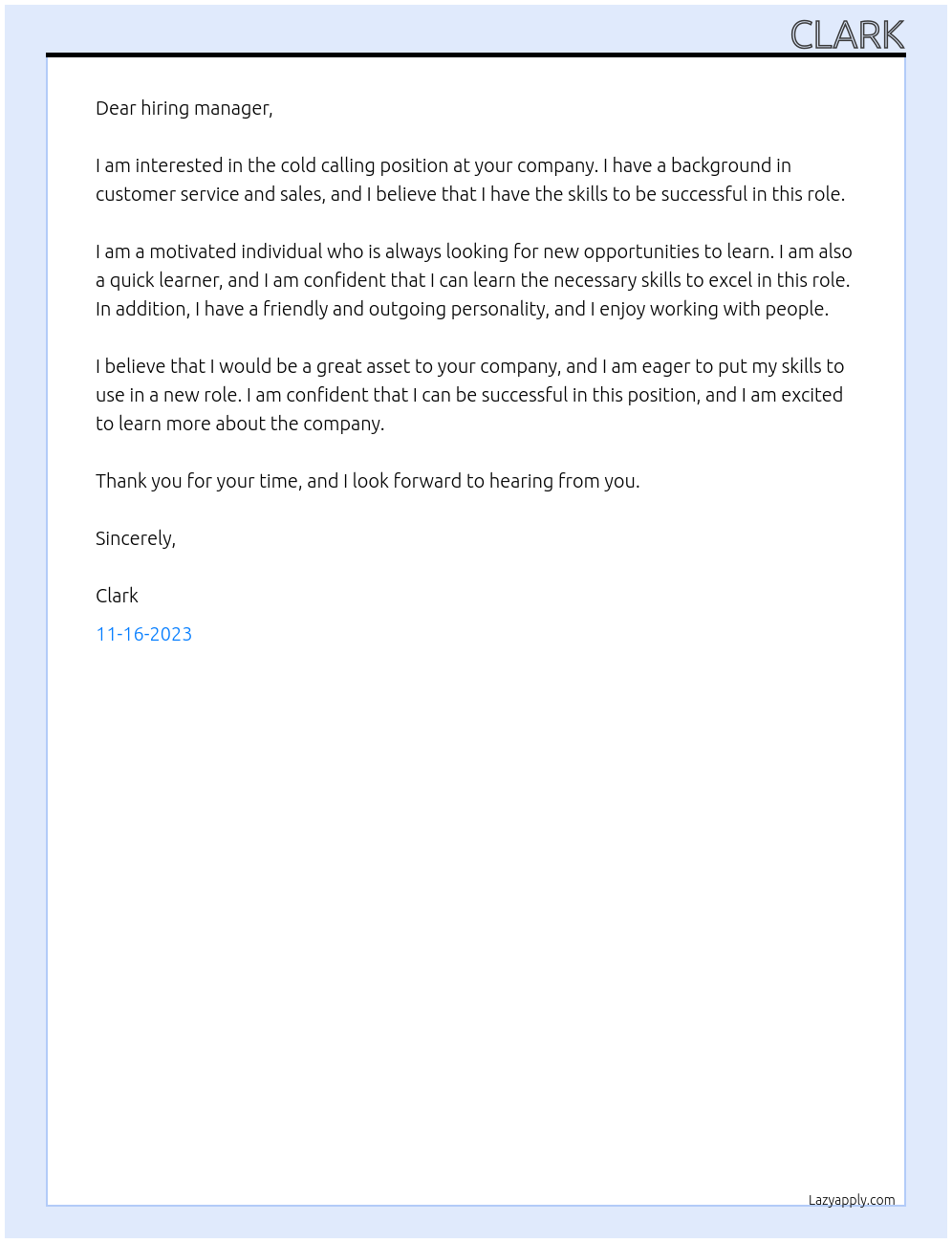 Cover letter for cold calling - LazyApply