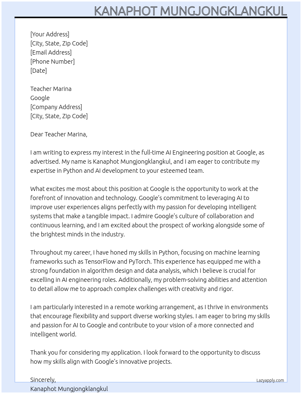 Cover letter for ai engineering - LazyApply