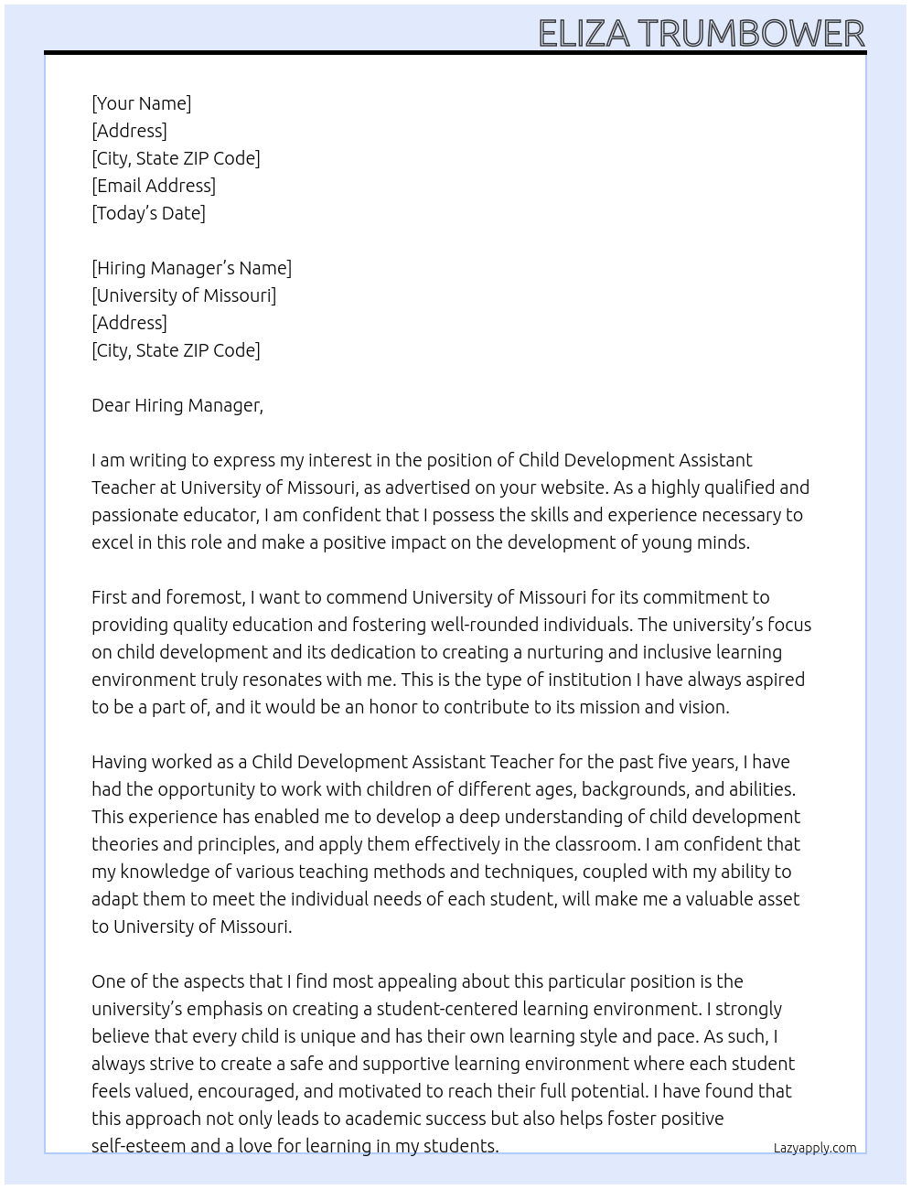 Cover letter for child development assistant teacher - LazyApply