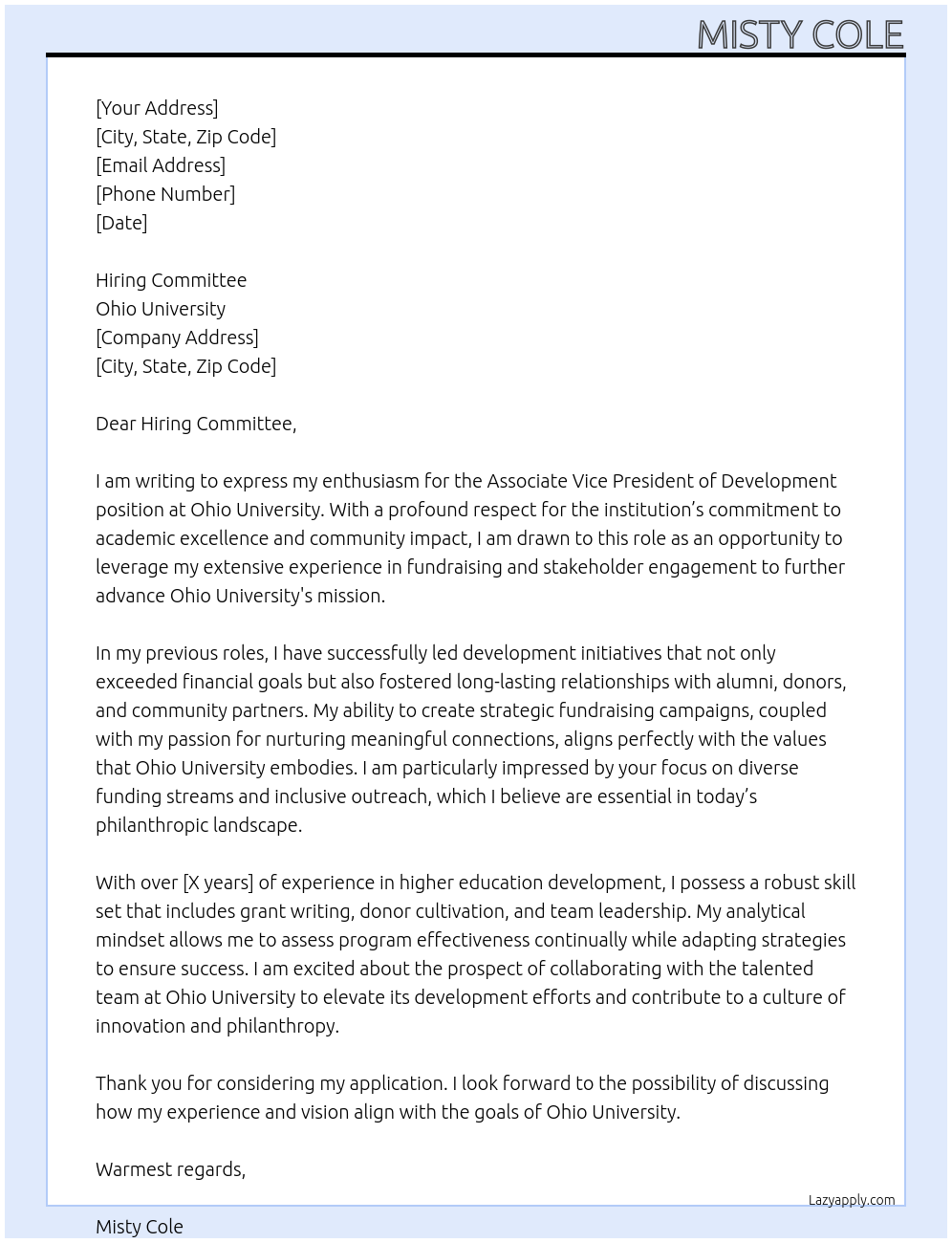 Cover letter for associate vice president of development - LazyApply