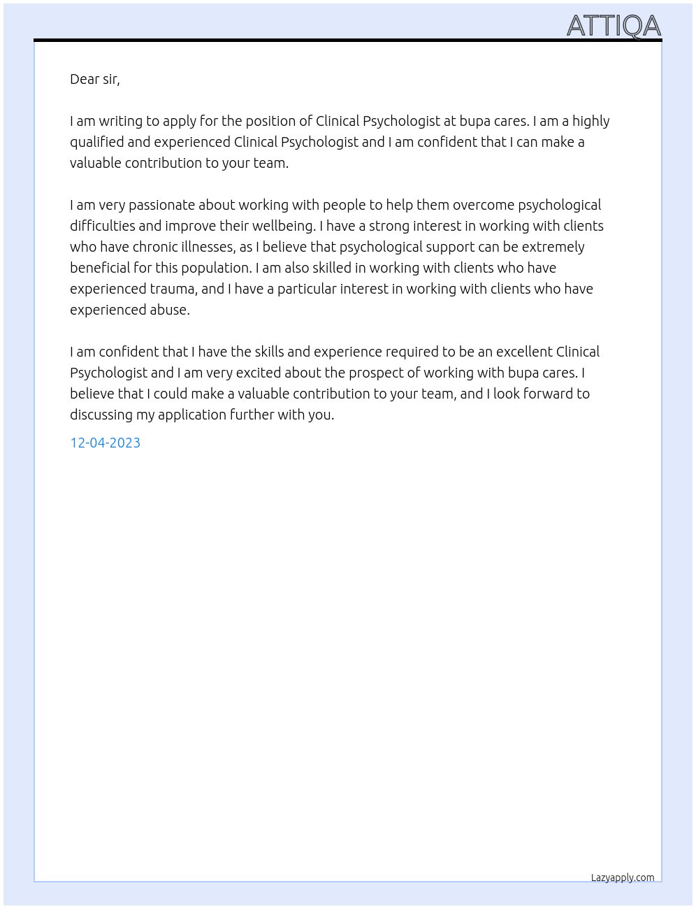 Cover letter for clinical psychologist - LazyApply