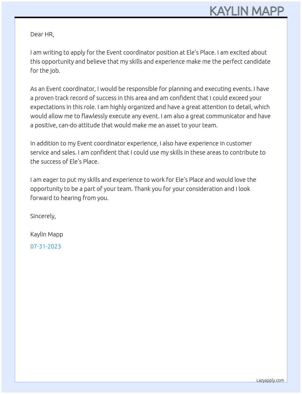 Cover letter for event coordinator - LazyApply