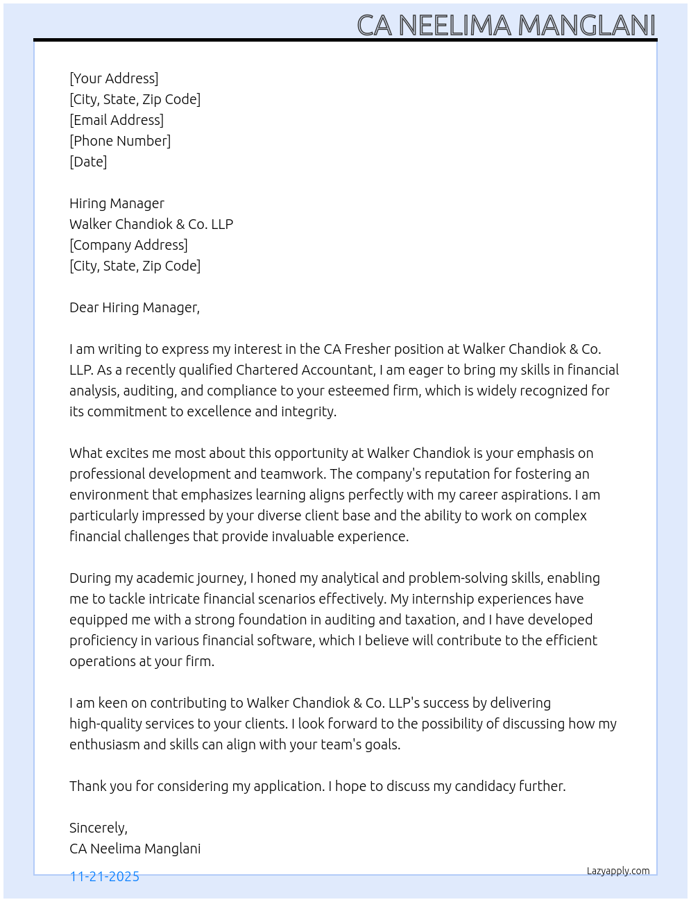 Cover letter for ca fresher - LazyApply