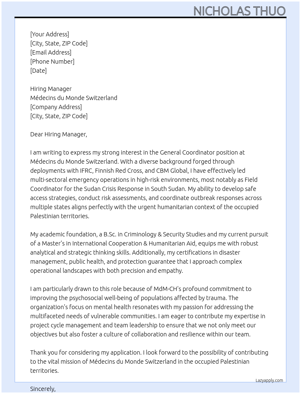 Cover letter for general coordinator - LazyApply