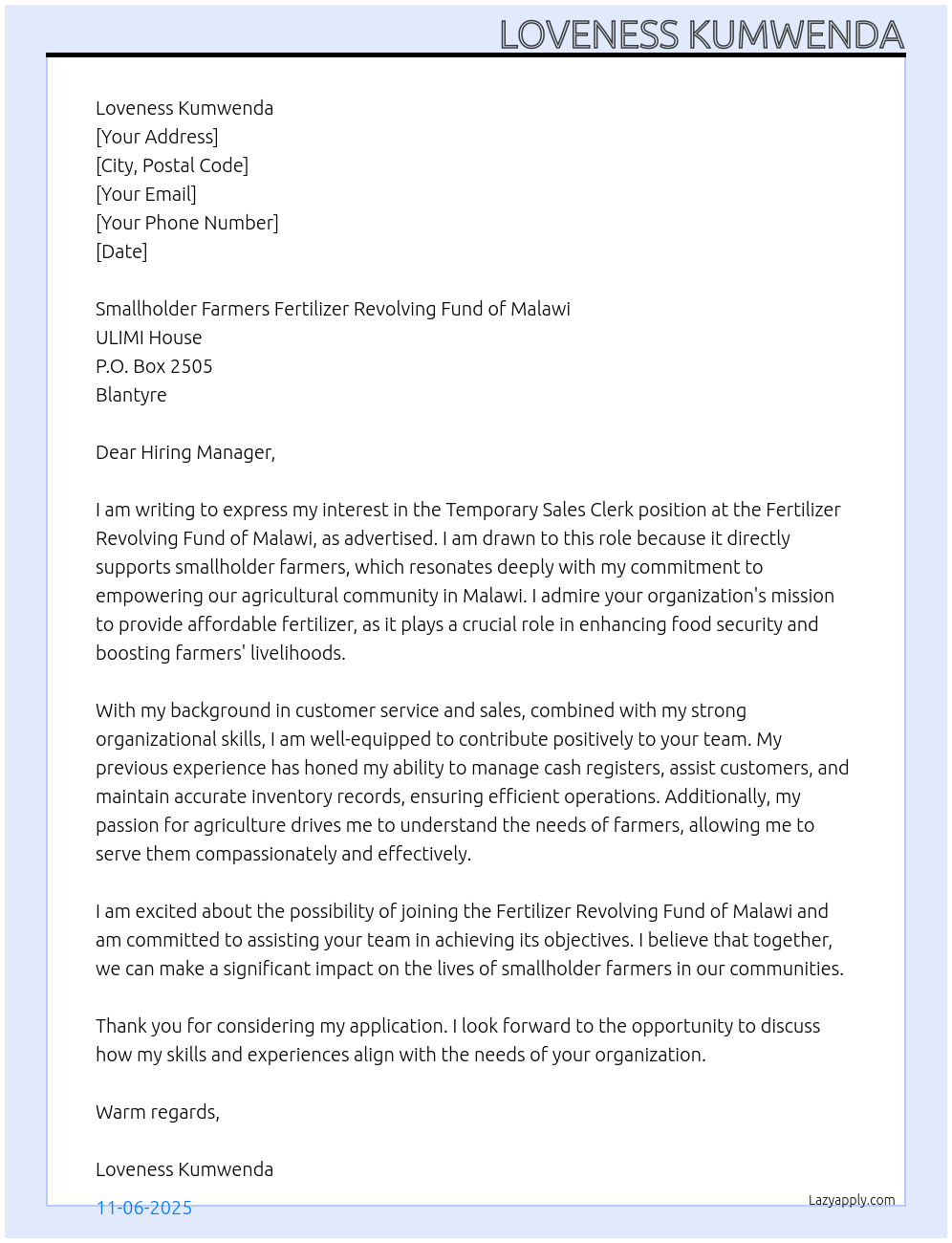 Cover letter for temporary sales clerk - LazyApply