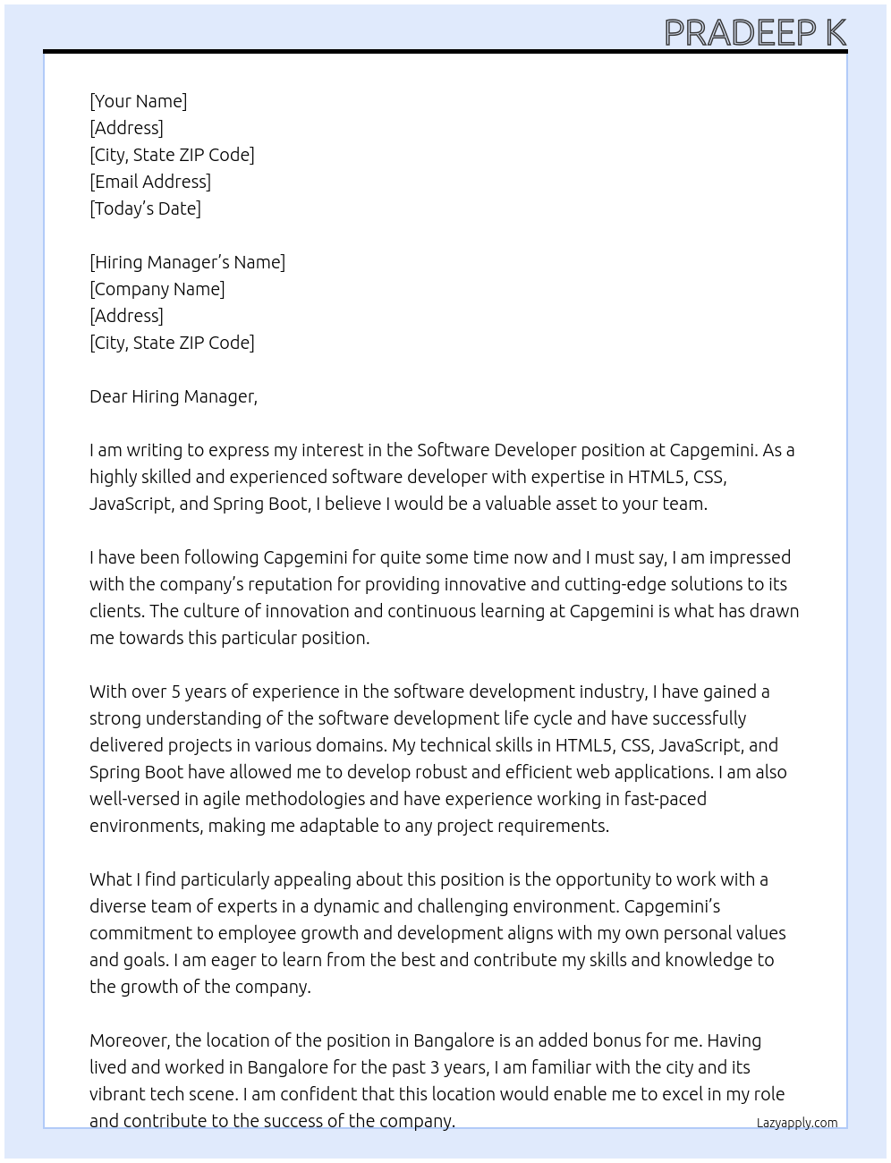 Cover letter for Capgemini - LazyApply