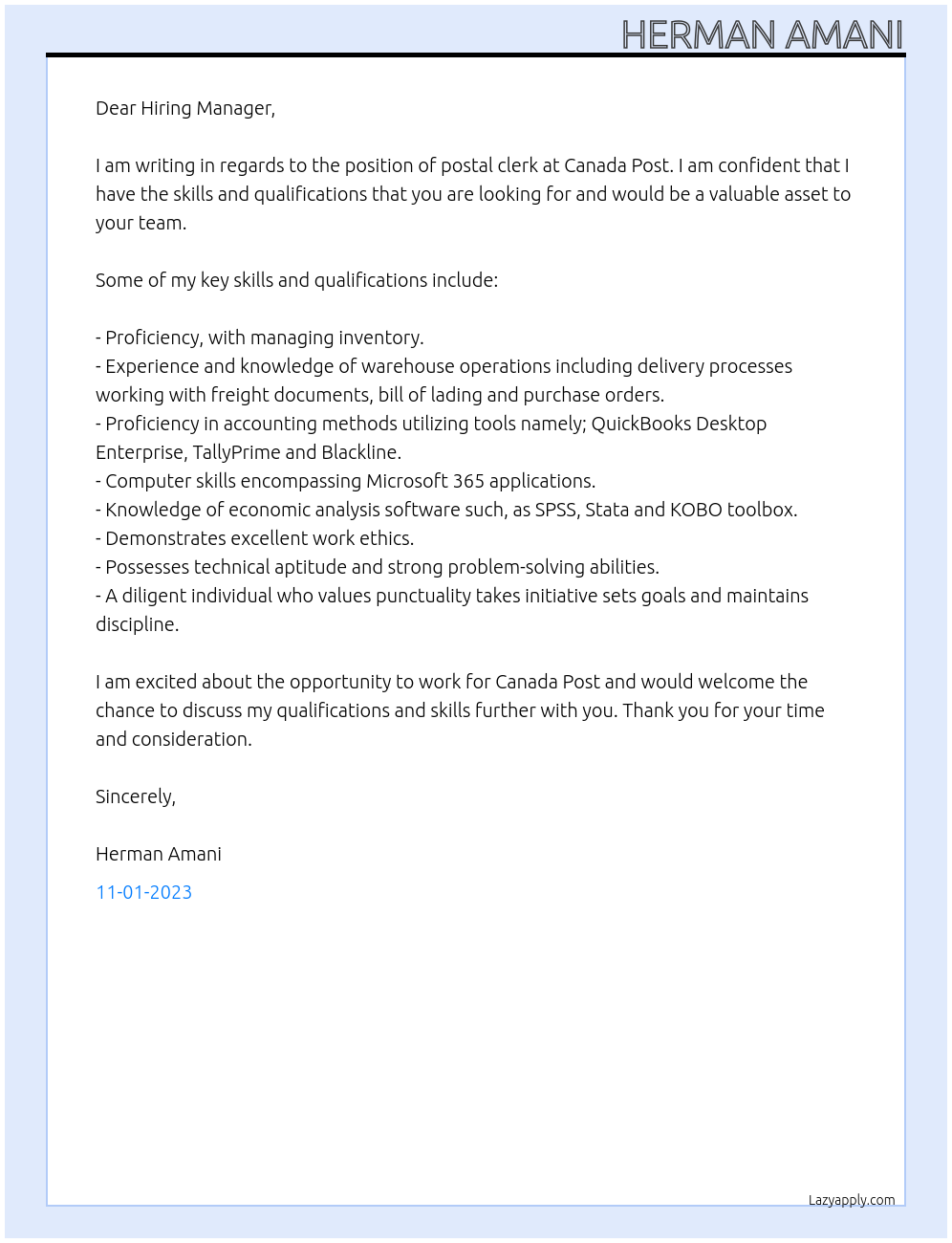 Cover letter for postal clerk - LazyApply