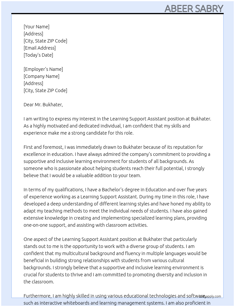 Cover letter for learning support assistant - LazyApply