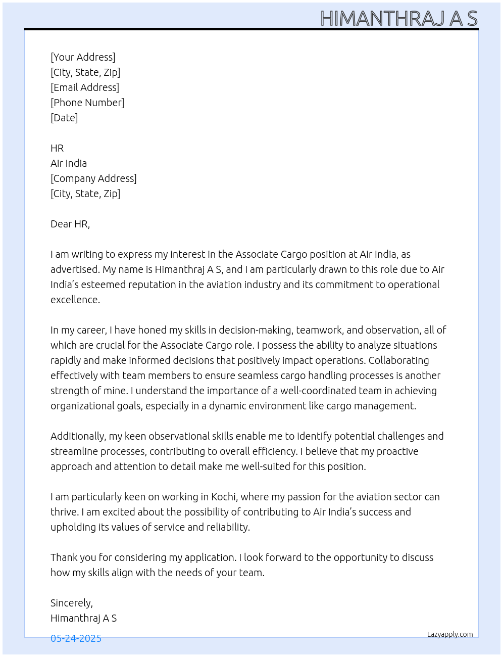 Cover letter for associate cargo - LazyApply