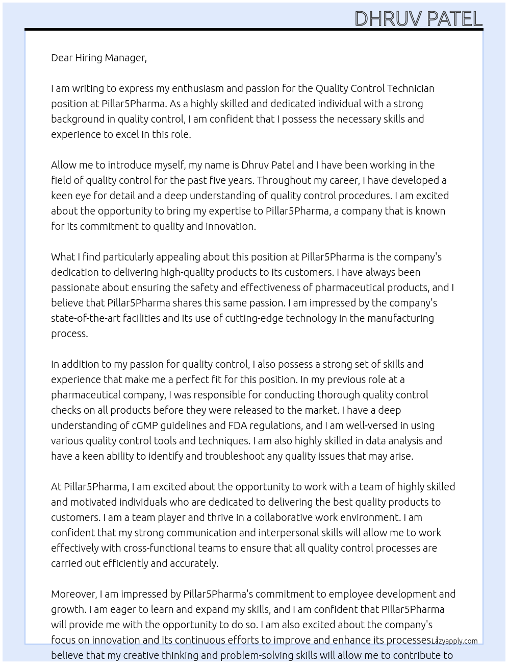 Cover letter for quality control technician - LazyApply