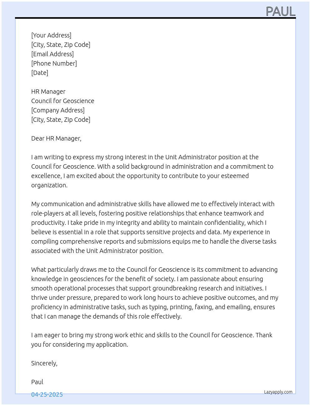 Cover letter for unit administrator - LazyApply