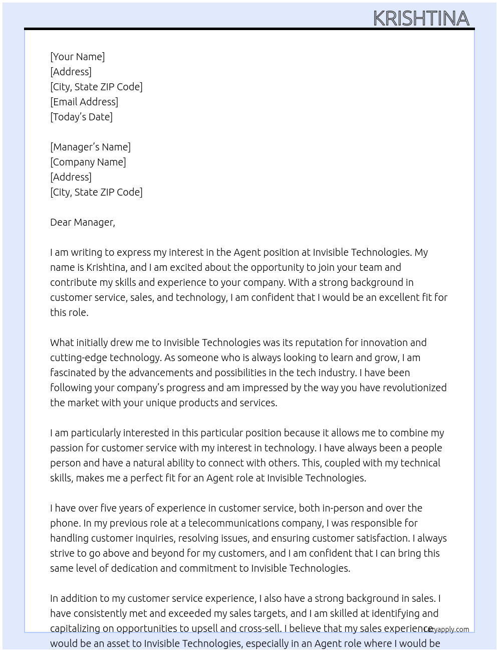 Cover letter for agent - LazyApply