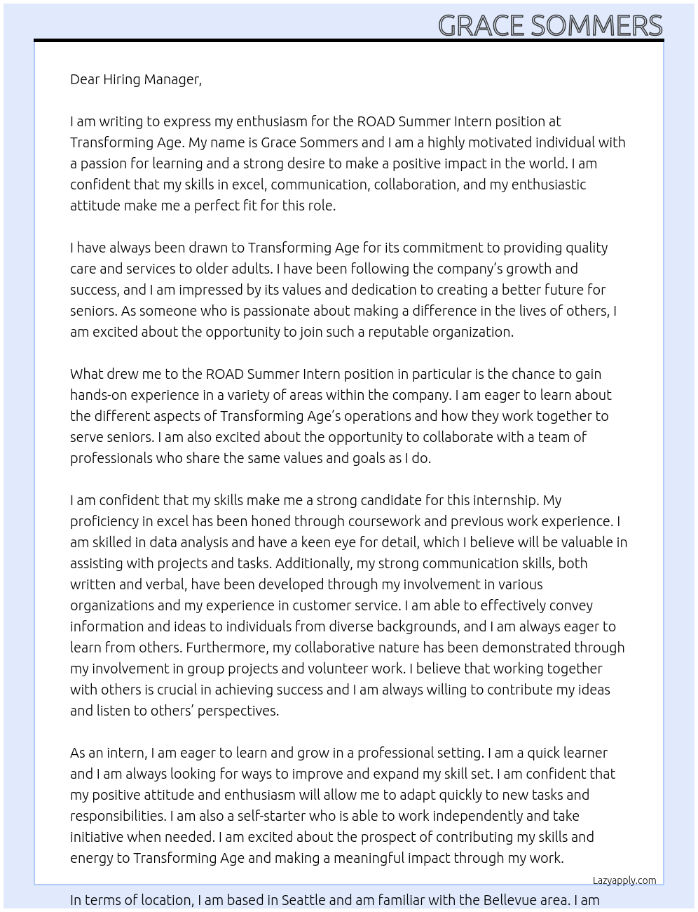 Cover letter for road summer intern - LazyApply