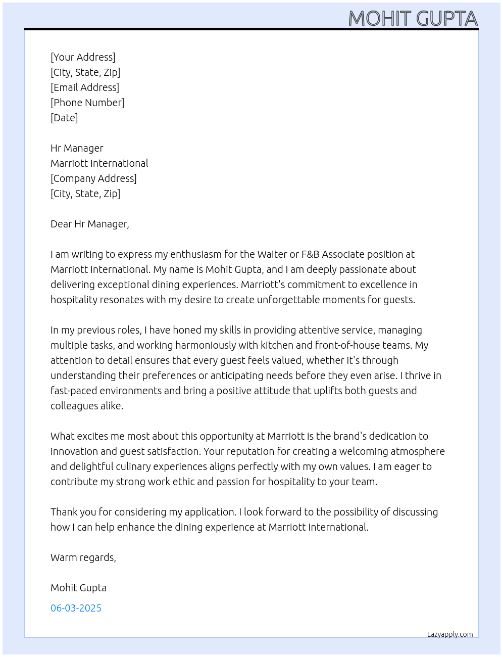 Cover letter for waiter or f&b associates - LazyApply