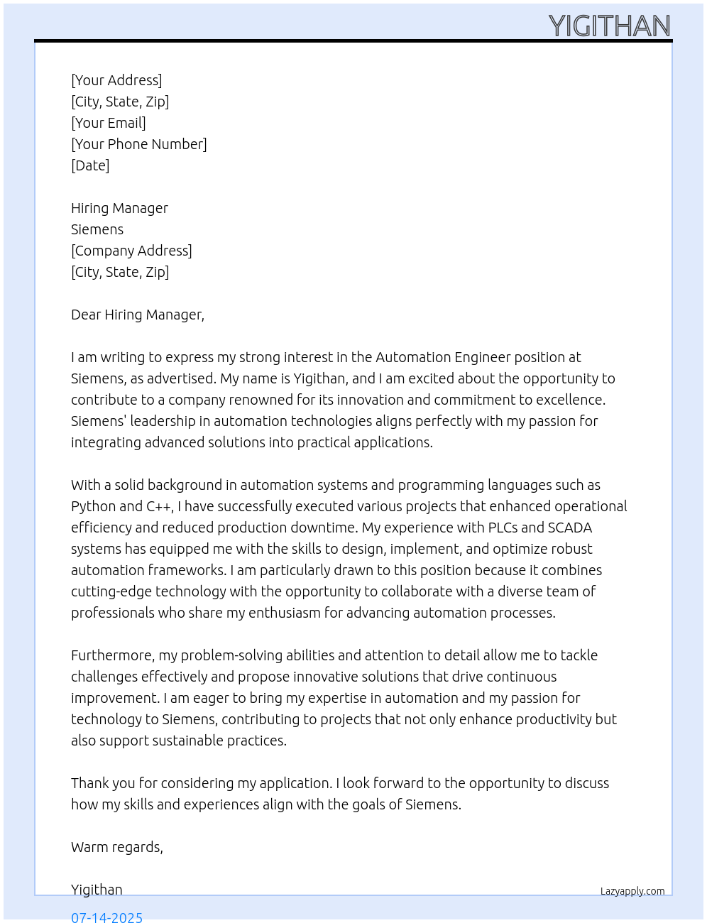 Cover letter for Automation Engineer - LazyApply